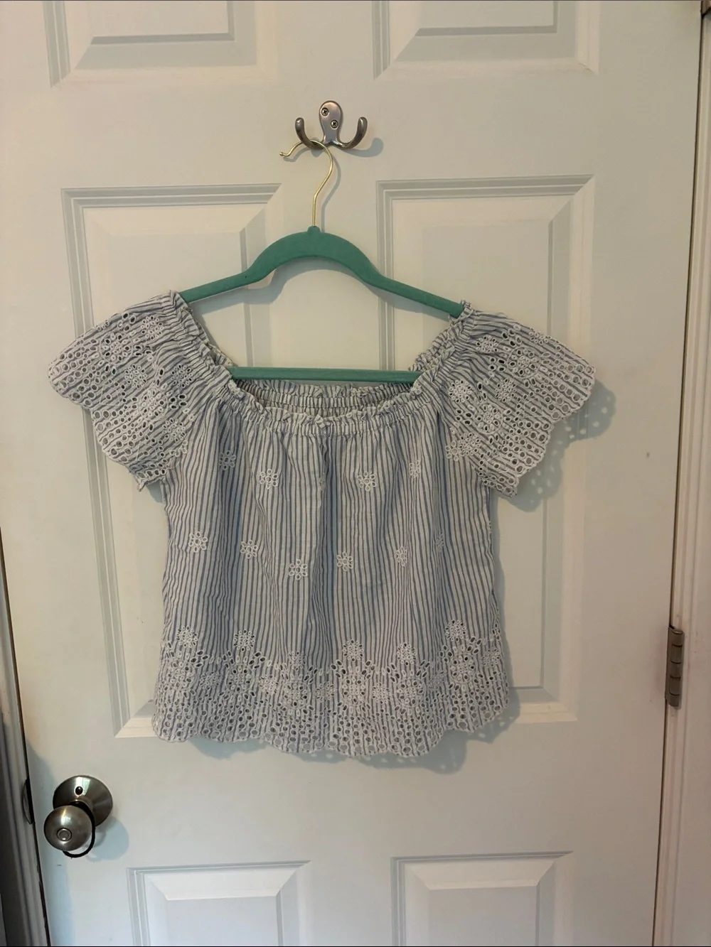 Hollister | Tops | Hollister Light Blue And White Striped Offshoulder ...